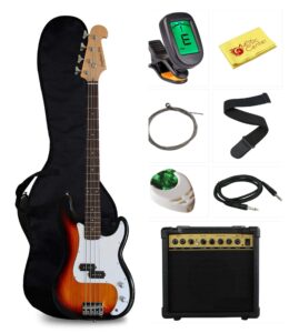 stedman pro beginner series bass guitar bundle with 15-watt amp, gig bag, instrument cable, strap, picks, and polishing cloth - sunburst