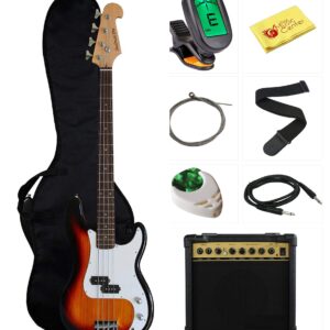 Stedman Pro Beginner Series Bass Guitar Bundle with 15-Watt Amp, Gig Bag, Instrument Cable, Strap, Picks, and Polishing Cloth - Sunburst