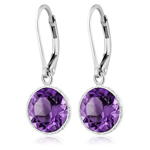 Gem Stone King 925 Sterling Silver Purple Amethyst Leverback Dangle Earrings For Women (8.00 Cttw, Gemstone Birthstone, Round 10MM)