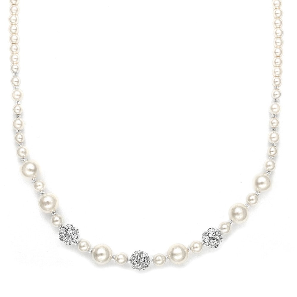 Mariell Pearl Necklace for Brides with Rhinestone Crystal Fireball Accents, 16", Bridal & Wedding Jewelry