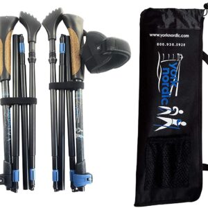 York Nordic Ultralight Folding Walking Poles - Travel Ready - with Rubber Feet, Baskets, and Bag (Nordic Grips - 5'3" to 5'7")