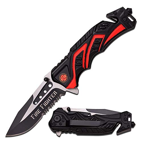 Mtech 8" Fire Fighter Red Spring Assisted Folding Knife Blade Pocket Open Switch- Firefighter Rescue Pocket Knife - Hunting Knives, Military Surplus - Survival and Camping Gear