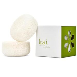 kai body buffer, 2 count, innovative bath sponges that gently exfoliates skin while cleansing the body with a fresh + clean gardenia scent, vegan, cruelty free, made in the usa