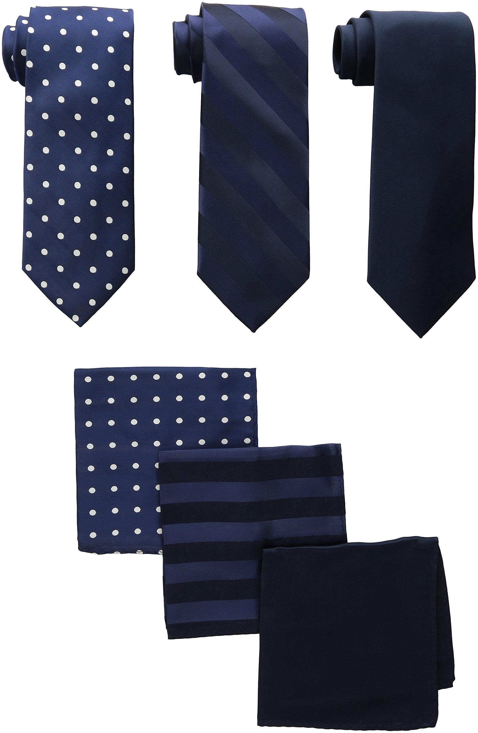 STACY ADAMS mens 3 Pack Satin Solid Striped Dots With Pocket Squares Necktie, Blue, One Size US