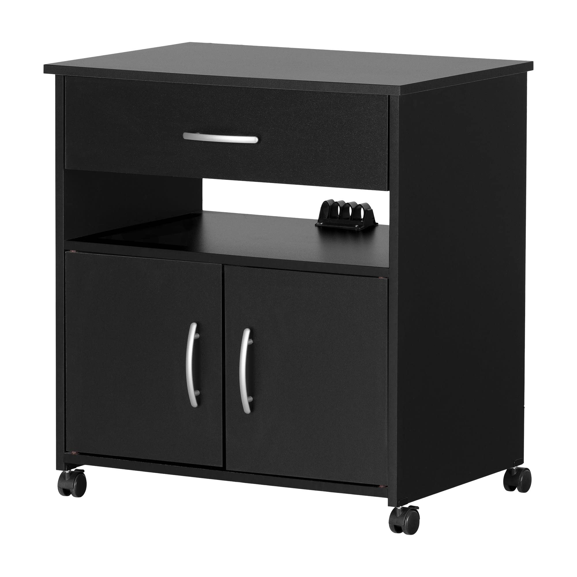 South Shore 2-Door Printer Stand with Storage on Wheels, Pure Black, 19 75 L x 26 W x 27 25 H,