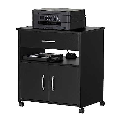 South Shore 2-Door Printer Stand with Storage on Wheels, Pure Black, 19 75 L x 26 W x 27 25 H,