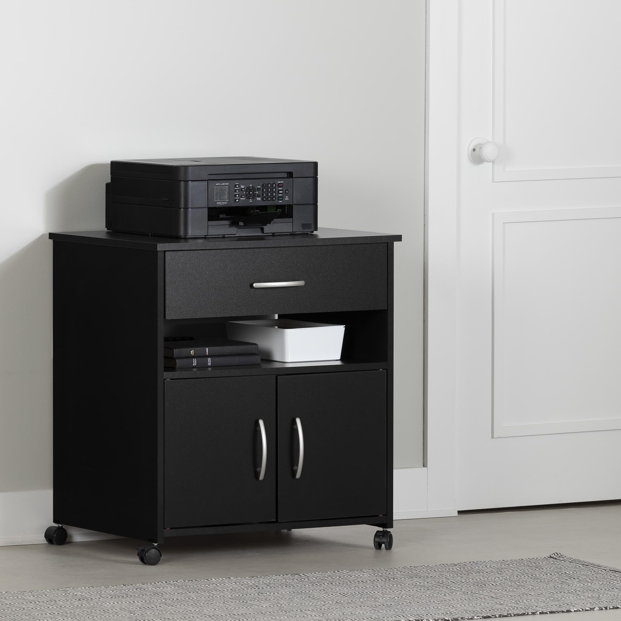 South Shore 2-Door Printer Stand with Storage on Wheels, Pure Black, 19 75 L x 26 W x 27 25 H,