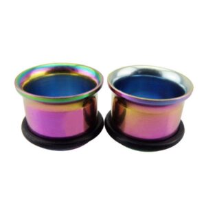 rainbow, oil slick, multi-color anodized titanium over 316l surgical steel single sided flare with o-ring gauges/plugs nickle free (1 pair) different sizes available (2g (6mm)) (b/3/1/3)