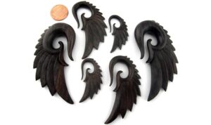 urban body jewelry pair of 2 gauge (2g - 6mm) sono wood angel wing spiral plugs