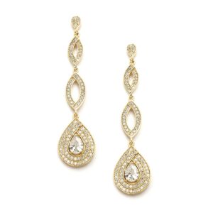 mariell gold wedding earrings, cubic zirconia dangle earrings for bride, bridesmaids, gold bridal earring