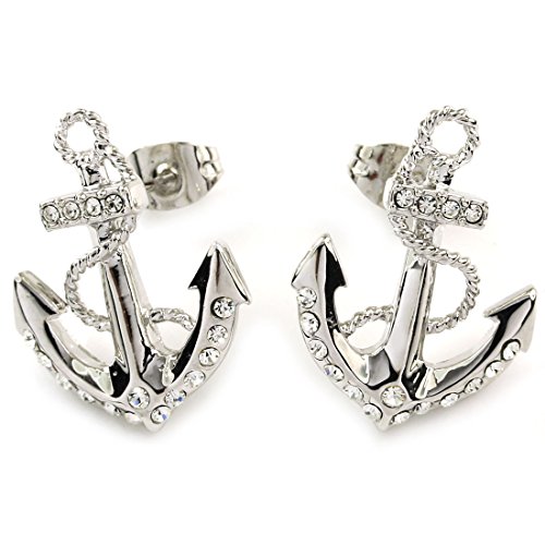 FC JORY White Gold GP Silver Diamante Crystal Anchor Women Earrings Studs