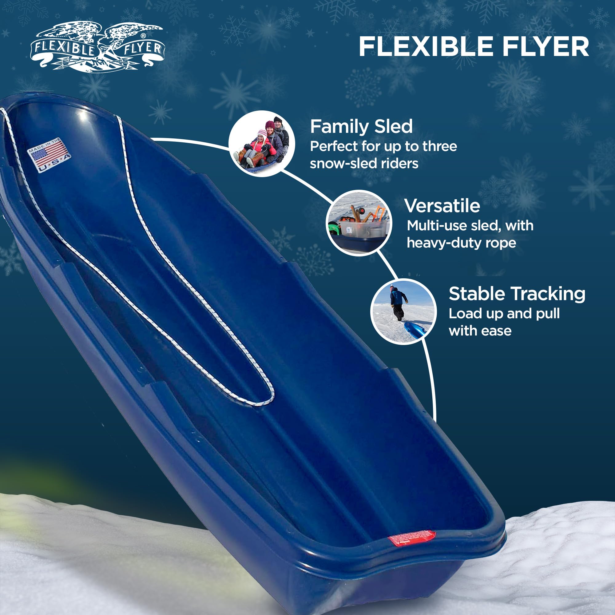 Flexible Flyer Winter Trek Large Pull Sled for Adults. Plastic Toboggan for Snow Sledding, Ice Fishing, Work, Blue, 66 x 20 x 6 inches