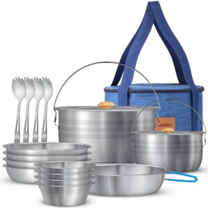 wealers camping cookware & dinnerware set- 17 pieces stainless steel pots and pans set with plates, bowls & sporks in travel mesh bag for camping, trekking, backyard picnic & backpacking gear