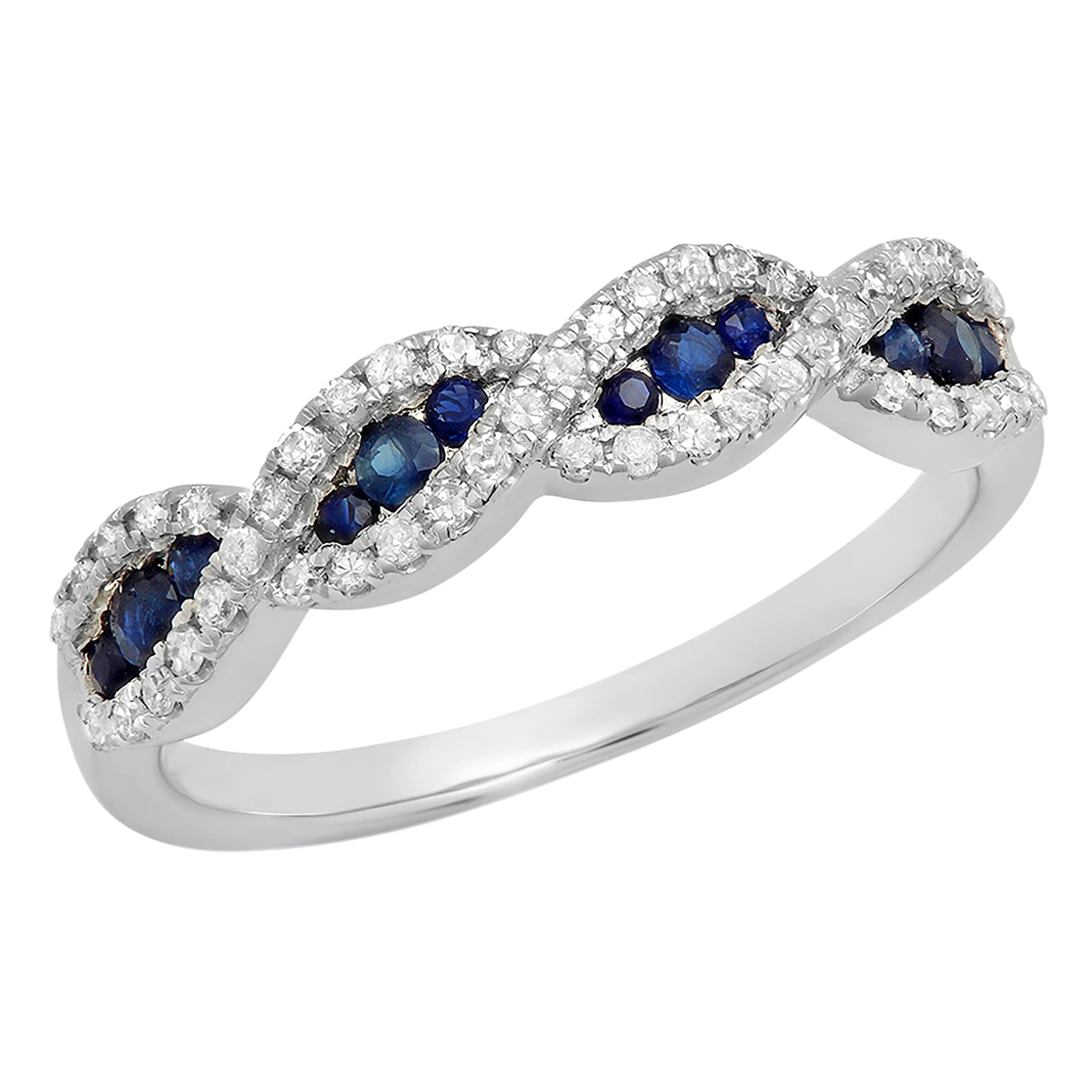 Dazzlingrock Collection Round Blue Sapphire & White Diamond Swirl Stackable Anniversary Ring for Women in 10K White Gold Size 7