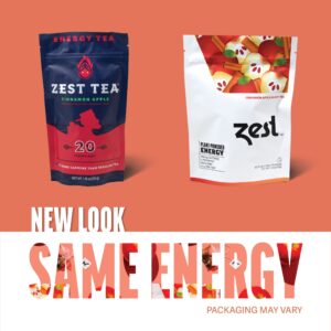 Zest 150mg High Caffeine Energy Leaf Blend - Cinnamon Apple Black Tea - 20 Pack Bag - All Natural Strong Flavored Healthy Coffee Alternative Highly Caffeinated Substitute - Perfect for Keto Diet