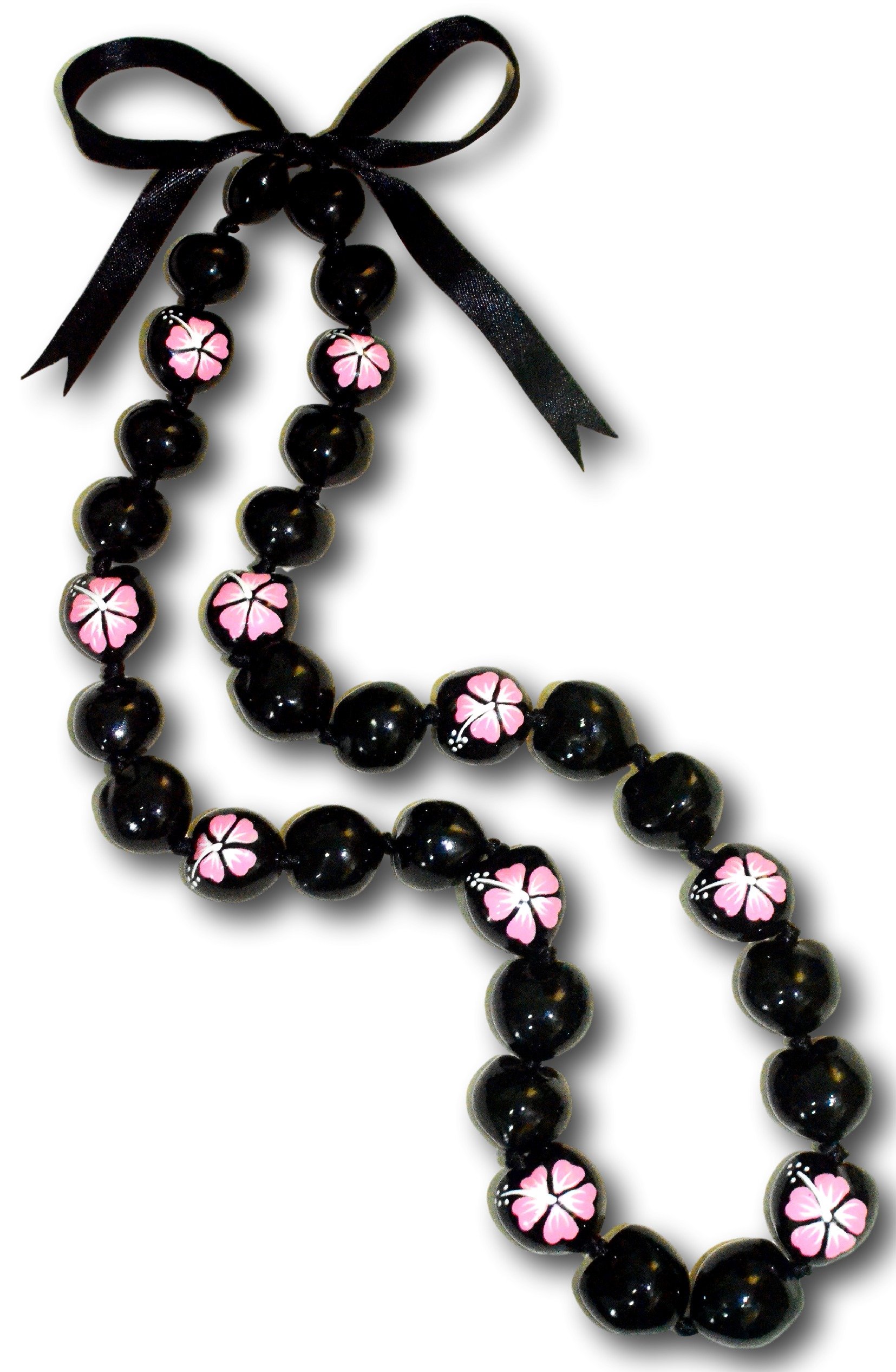 Native Treasure 32" Mens and Womens Hawaiian Style Genuine Black Kukui Nut Necklace Lei with Pink Hibiscus Hand Painted Flowers from the Philippines