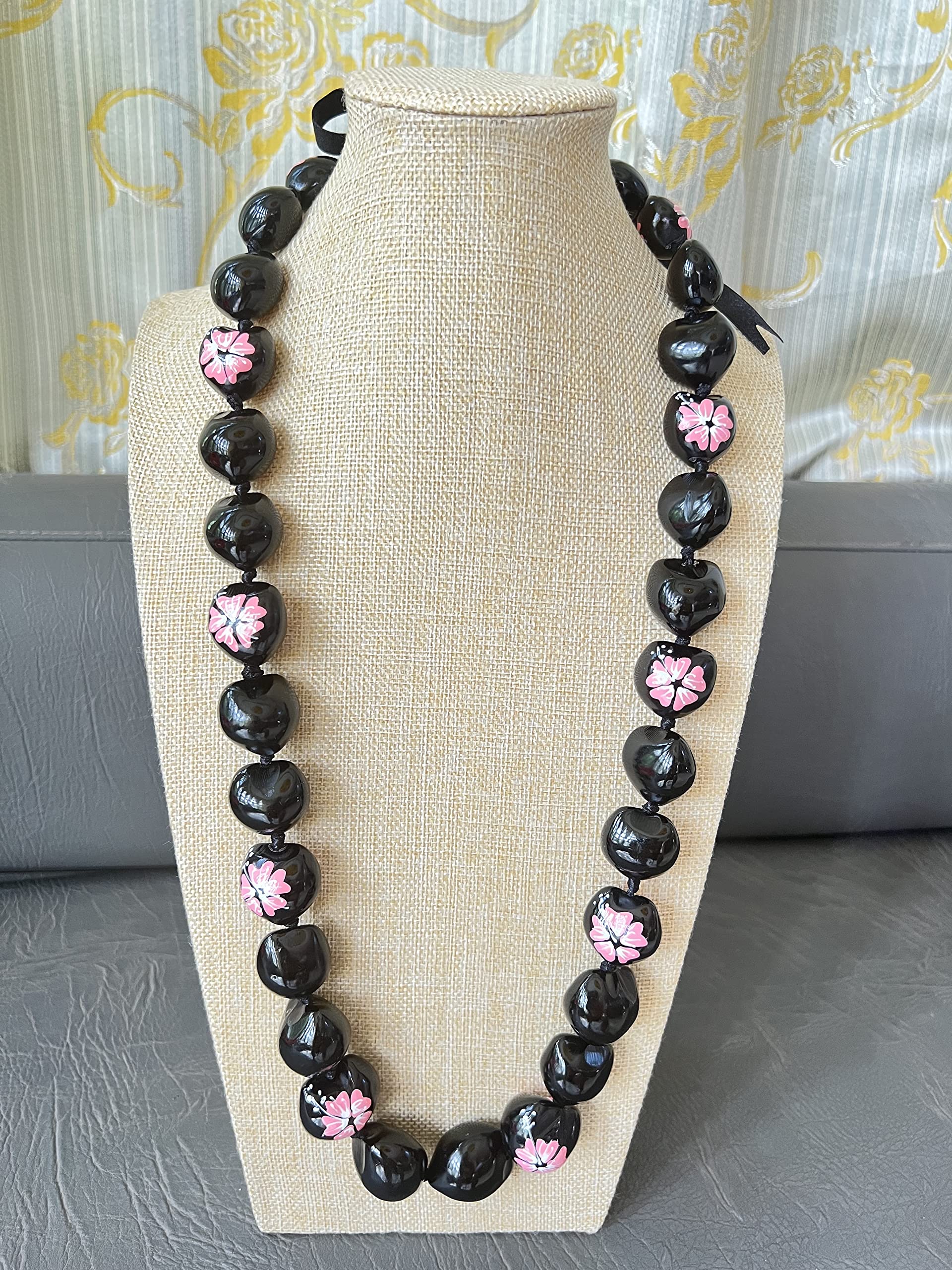 Native Treasure 32" Mens and Womens Hawaiian Style Genuine Black Kukui Nut Necklace Lei with Pink Hibiscus Hand Painted Flowers from the Philippines