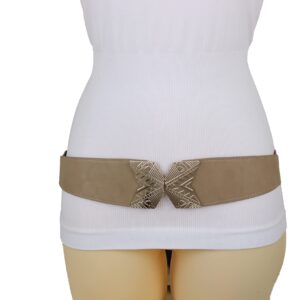 TrendyFashionJewelry Women Fashion Elastic Wide Waistband Belt Hip High Waist X Shape Gold Metal Buckle S M Beige