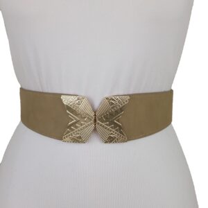 TrendyFashionJewelry Women Fashion Elastic Wide Waistband Belt Hip High Waist X Shape Gold Metal Buckle S M Beige