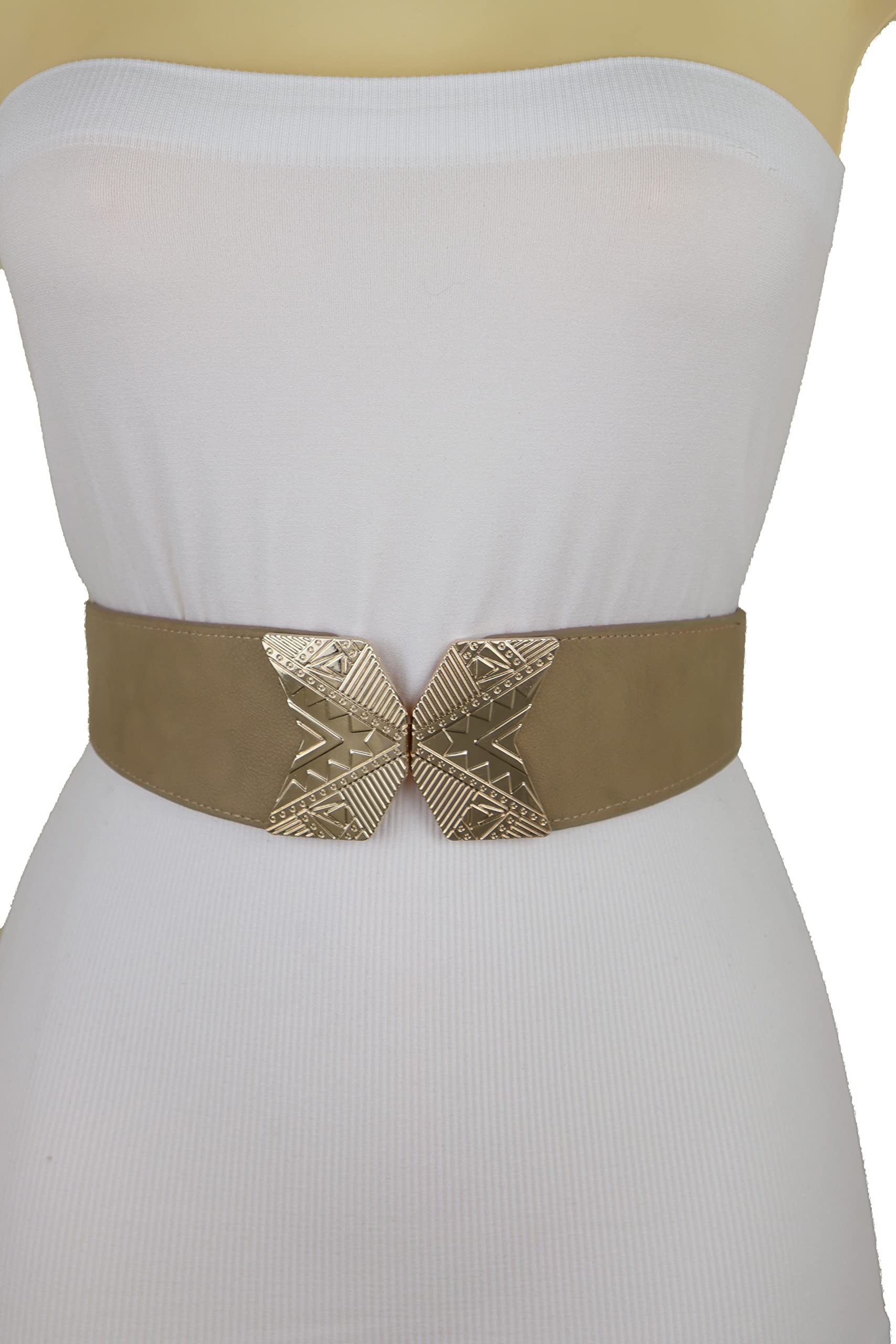 TrendyFashionJewelry Women Fashion Elastic Wide Waistband Belt Hip High Waist X Shape Gold Metal Buckle S M Beige