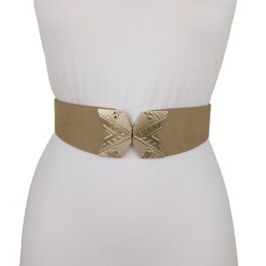 TrendyFashionJewelry Women Fashion Elastic Wide Waistband Belt Hip High Waist X Shape Gold Metal Buckle S M Beige