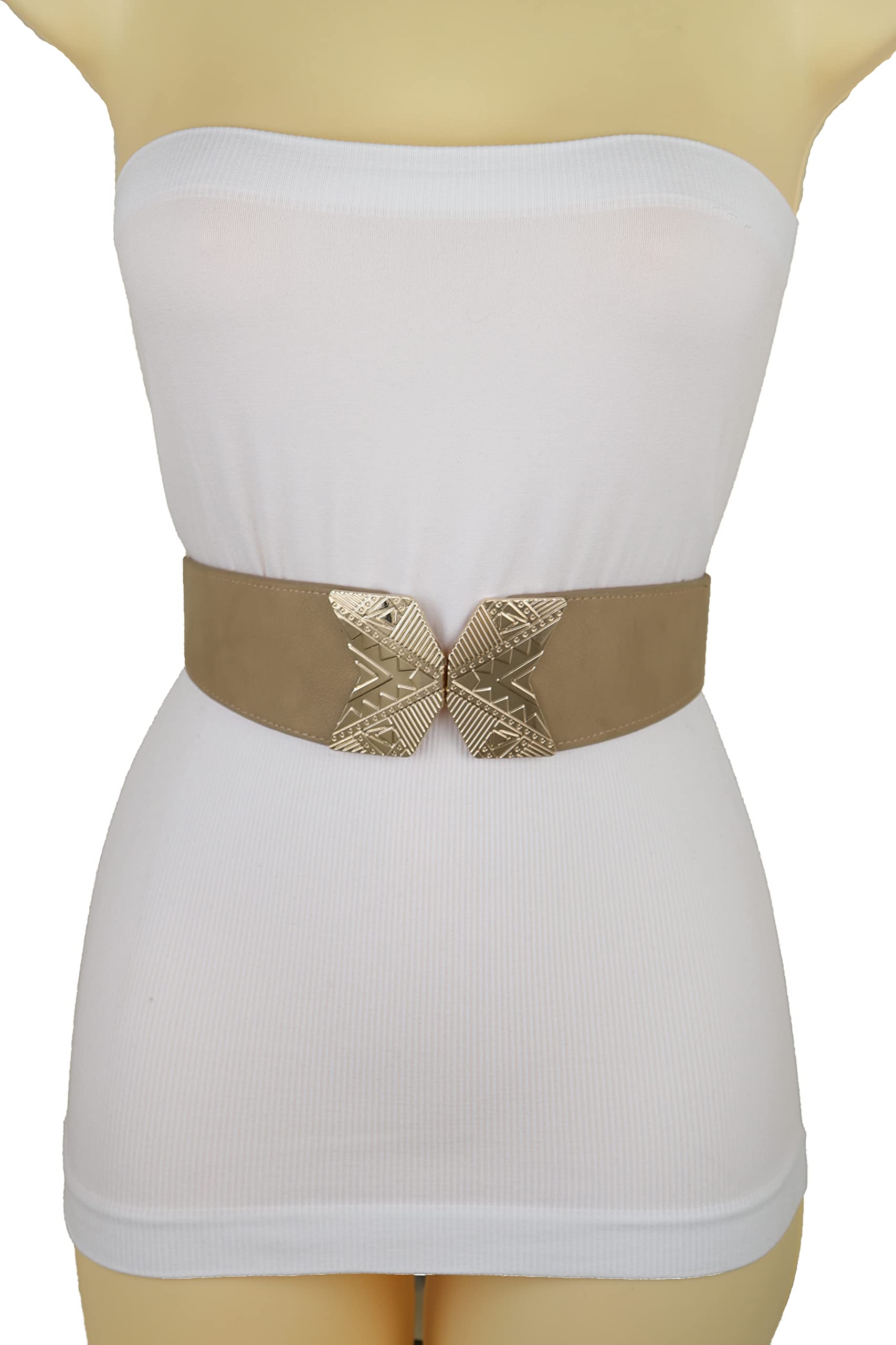 TrendyFashionJewelry Women Fashion Elastic Wide Waistband Belt Hip High Waist X Shape Gold Metal Buckle S M Beige