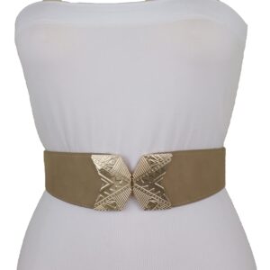 TrendyFashionJewelry Women Fashion Elastic Wide Waistband Belt Hip High Waist X Shape Gold Metal Buckle S M Beige