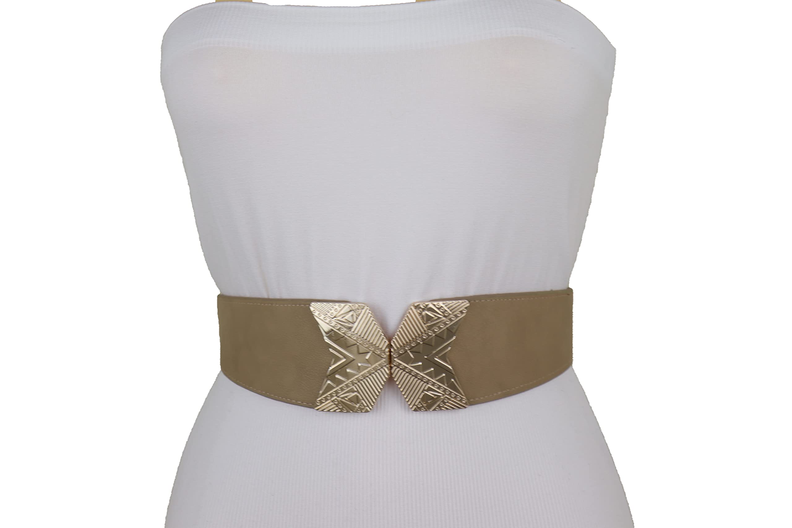 TrendyFashionJewelry Women Fashion Elastic Wide Waistband Belt Hip High Waist X Shape Gold Metal Buckle S M Beige