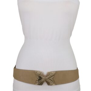 TrendyFashionJewelry Women Fashion Elastic Wide Waistband Belt Hip High Waist X Shape Gold Metal Buckle S M Beige