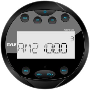 pyle round waterproof marine stereo - 4x28 w aquatic boat in dash gauge radio receiver system with bluetooth, am fm, digital lcd, usb, aux, rca - includes wiring harness, bracket - plmr91ub (black)