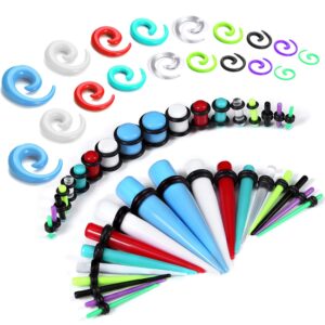 bodyj4you 54pc ear stretching kit - 14g-00g beginner gauges - blue white clear green purple acrylic tapers spirals no flare plugs o-rings - lightweight expanders unisex men women