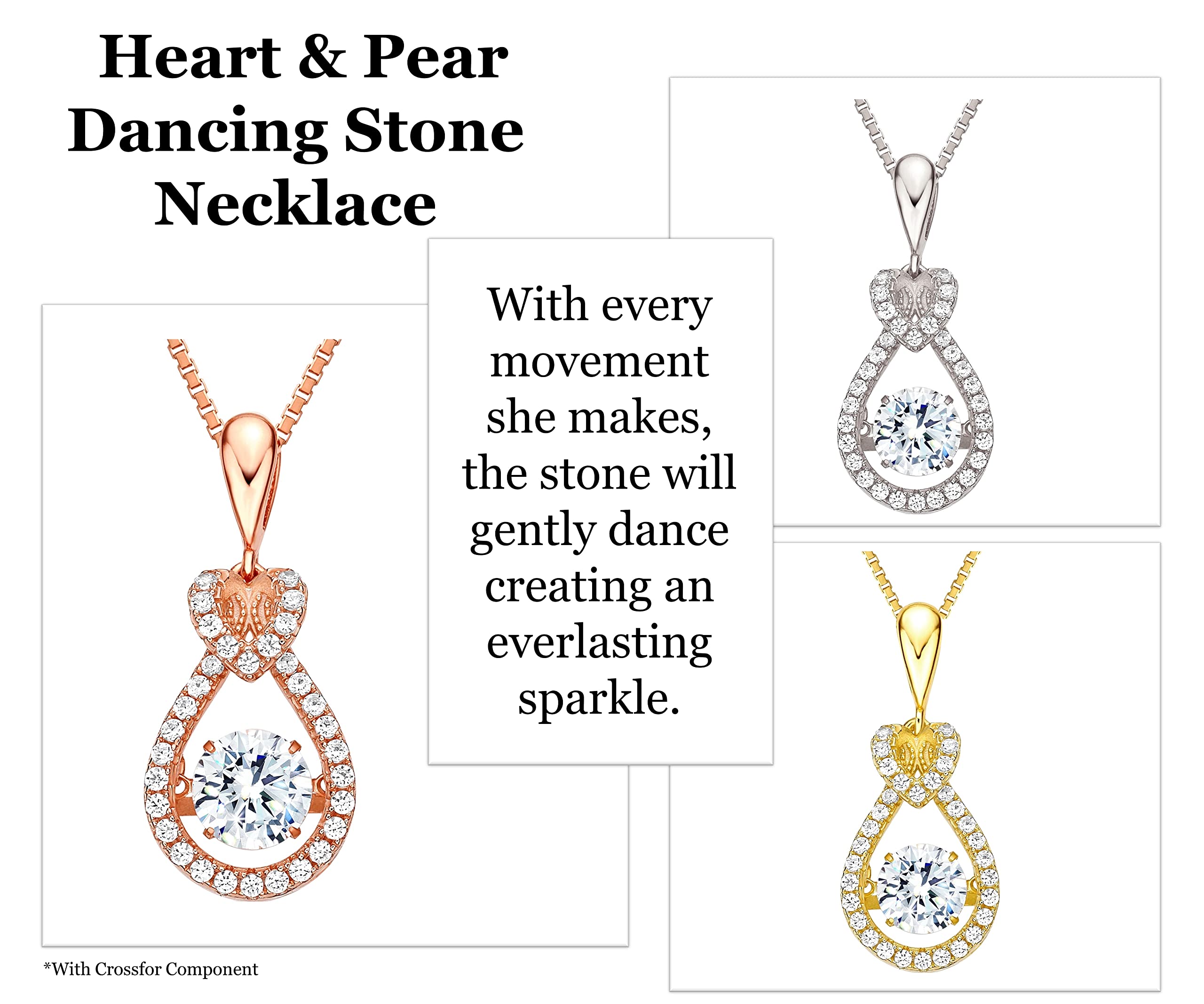 Central Diamond Center Heart & Pear Dancing Gemstone Necklace 925 Sterling Silver & Pure Brilliance Zirconia, Platinum Plated