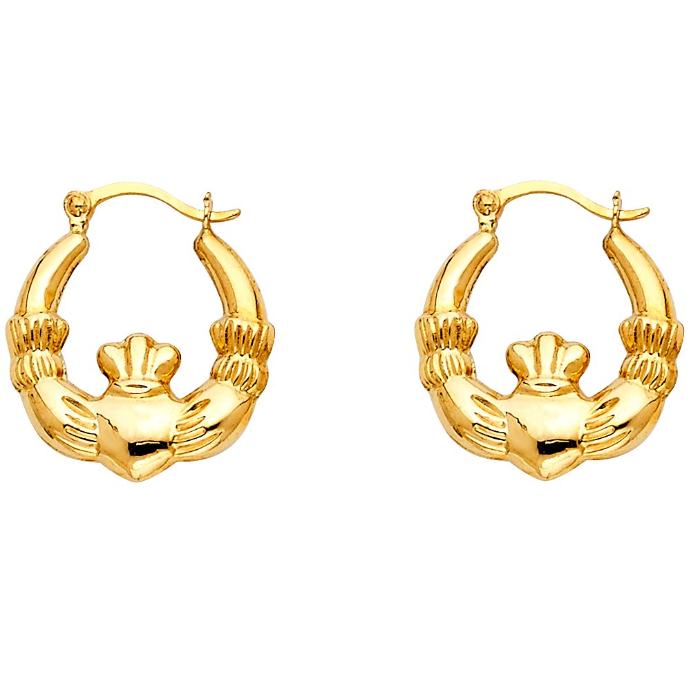 14k REAL Yellow Gold Fancy Claddagh Hoop Earrings (15 x 15mm)