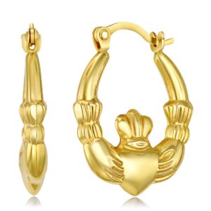 14k REAL Yellow Gold Fancy Claddagh Hoop Earrings (15 x 15mm)