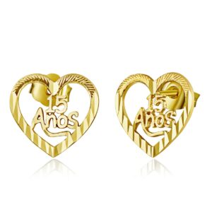 14k REAL Yellow Gold Fancy 15 Quincea?era Heart Stud Earrings (10 x 10 mm)