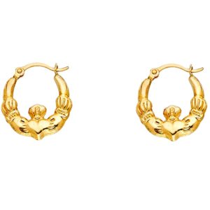 14k real yellow gold fancy claddagh hoop earrings (12 x 12mm)