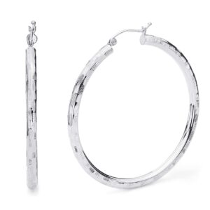 14k real white gold 3mm thickness hinged diamond cut hoop earrings (45 x 45 mm)