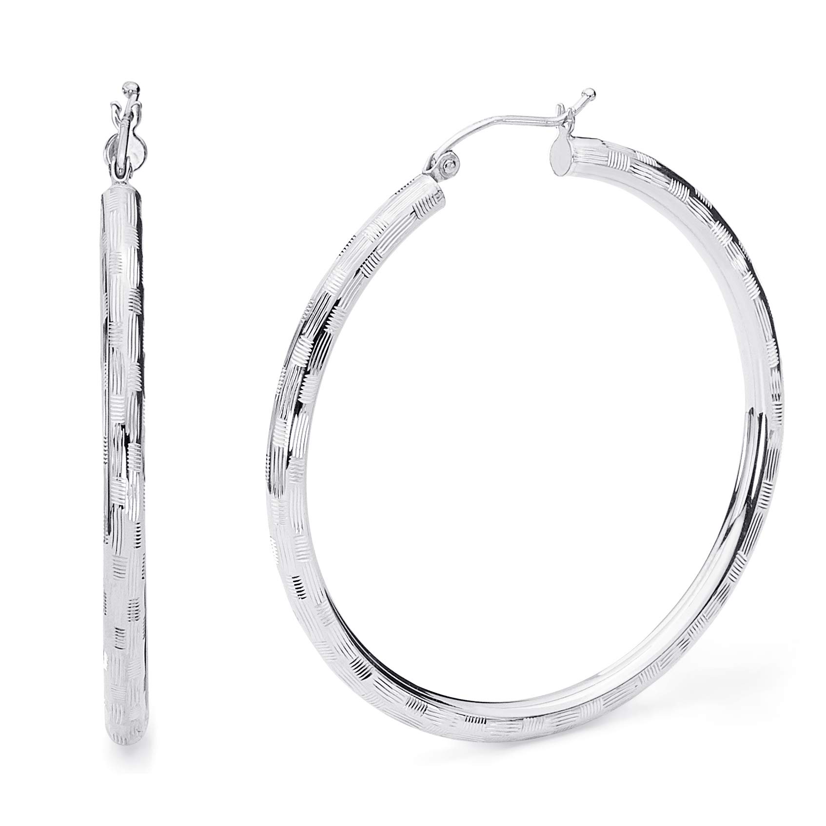 14k REAL White Gold 3mm Thickness Hinged Diamond Cut Hoop Earrings (45 x 45 mm)