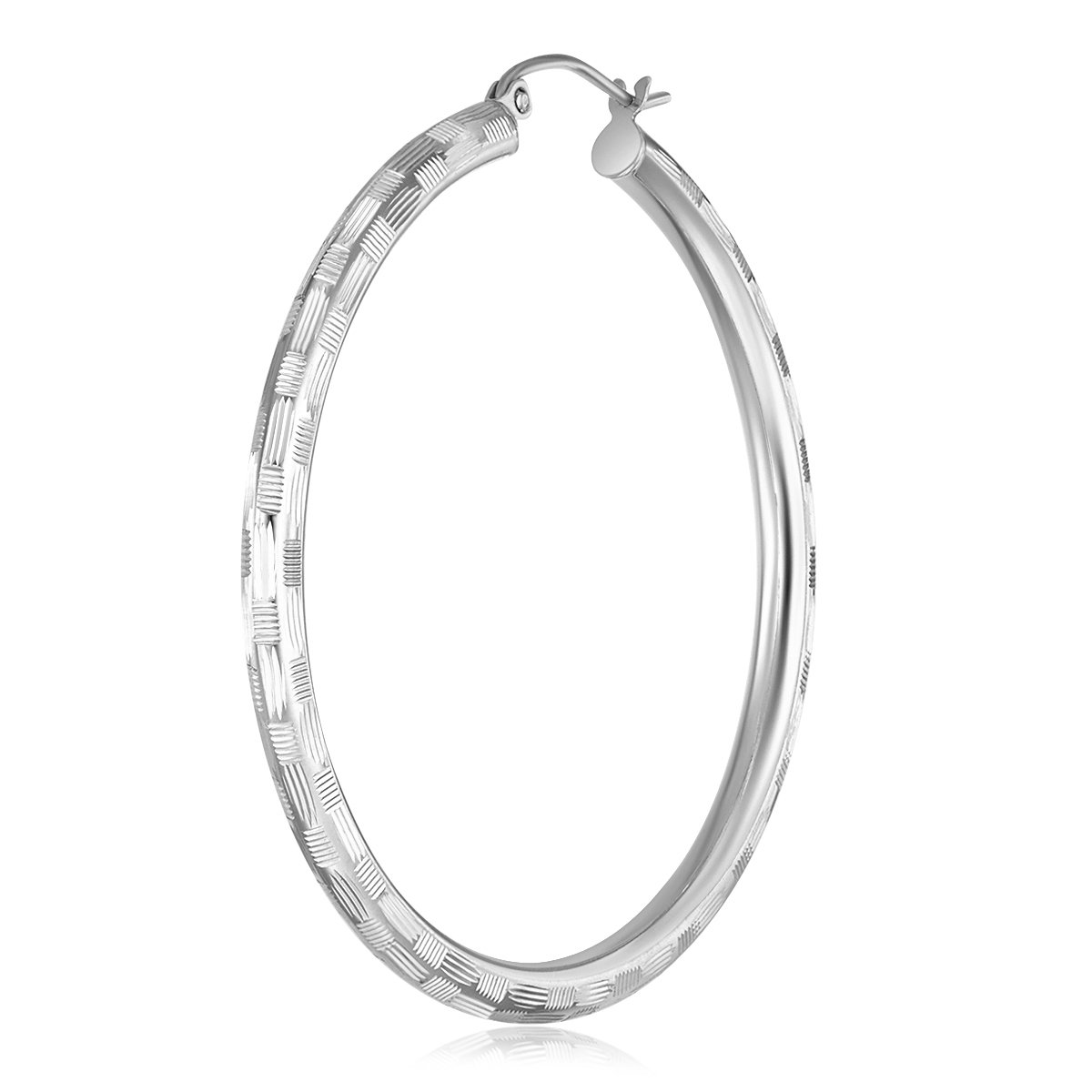 14k REAL White Gold 3mm Thickness Hinged Diamond Cut Hoop Earrings (45 x 45 mm)