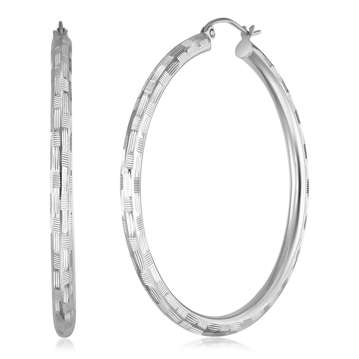 14k REAL White Gold 3mm Thickness Hinged Diamond Cut Hoop Earrings (45 x 45 mm)