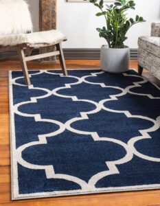 unique loom trellis collection modern morroccan inspired with lattice design area rug, 7' 1" x 10' rectangle, navy blue/beige