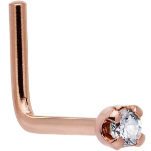 body candy 20 gauge 1/4" at bend 14k rose gold 1.5mm diamond (0.015 cttw) l-shaped nose ring nose stud