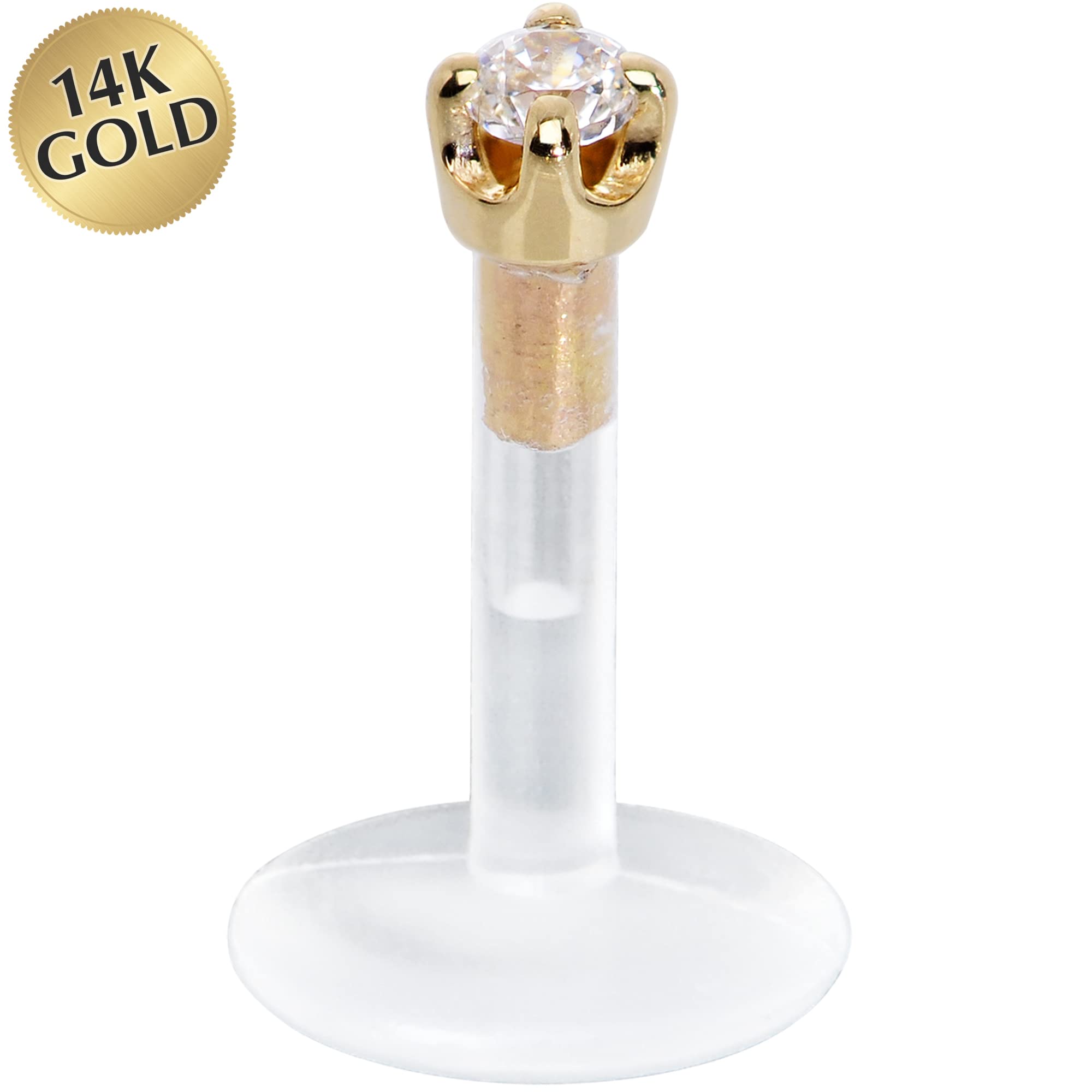 Body Candy 16 Gauge 1/4" Short Post Length 14k Yellow Gold 1.5mm CZ Bioplast Push in Cartilage Earring