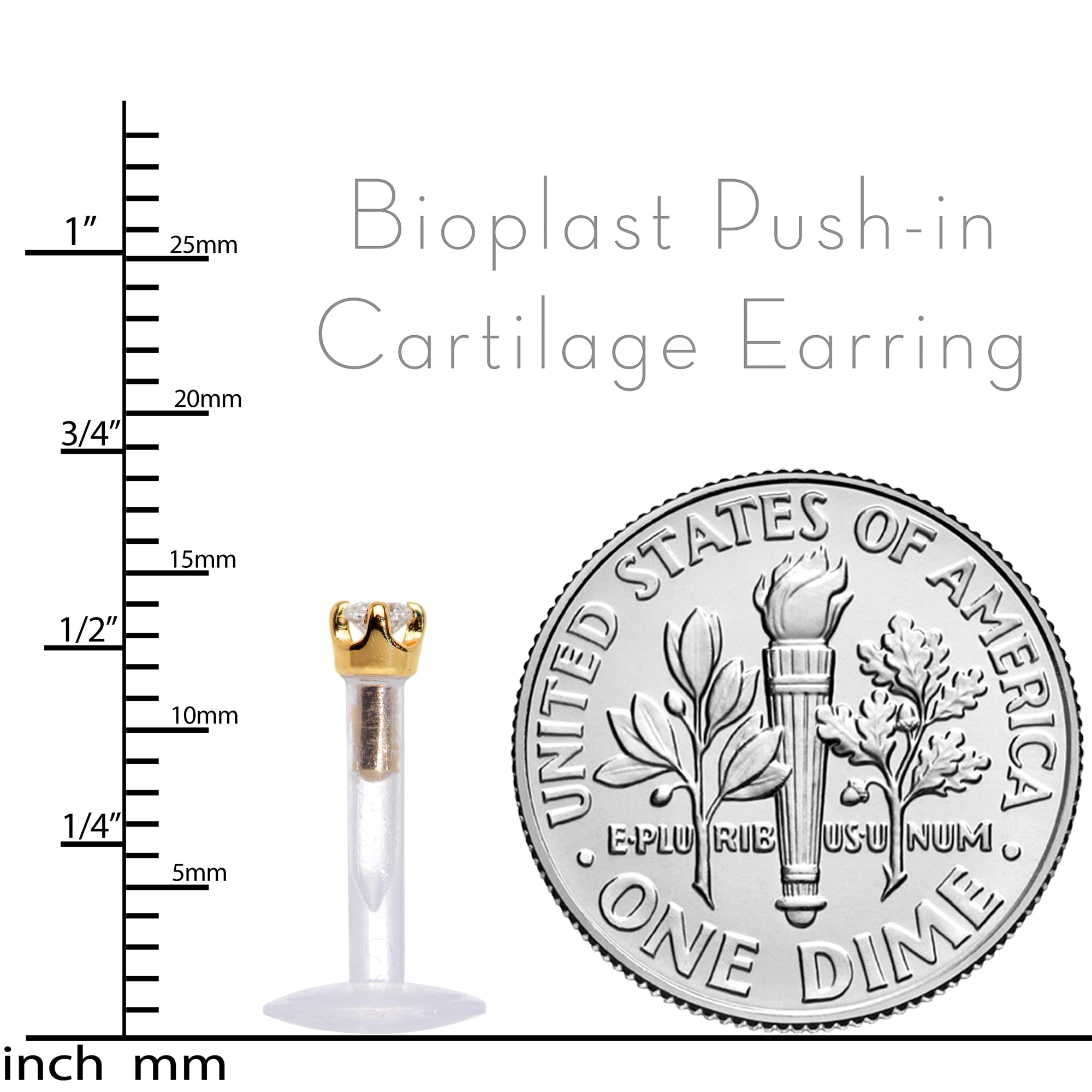 Body Candy 16 Gauge 1/4" Short Post Length 14k Yellow Gold 1.5mm CZ Bioplast Push in Cartilage Earring