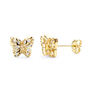 14k REAL Yellow Gold CZ Butterfly Earrings