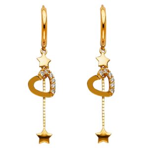 14k real yellow gold heart & star cz drop earrings