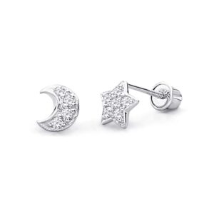 14k white gold star & moon stud earrings with screw back