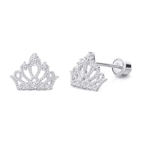 14k white gold crown stud earrings with screw back