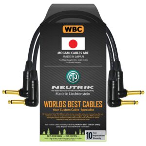 worlds best cables 2 units - 6 inch - guitar instrument cable custom made using mogami 2524 wire and neutrik np2rx-b ¼ inch (6.35mm) right angled gold ts connectors