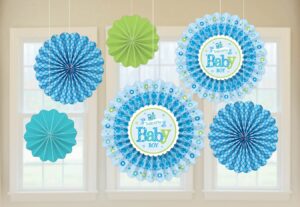 amscan charming welcome little one boy paper fan baby shower party decorations, 8 x 12 x 16, blue/white/green